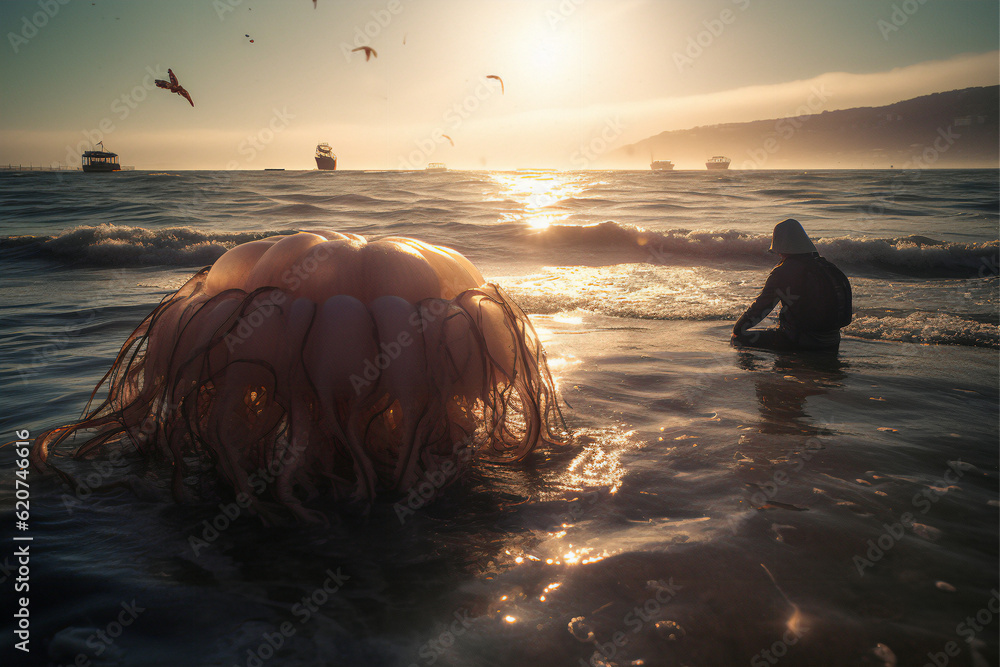 Big jellyfish on the seashore with sunset, a man hunting, birds flying ...