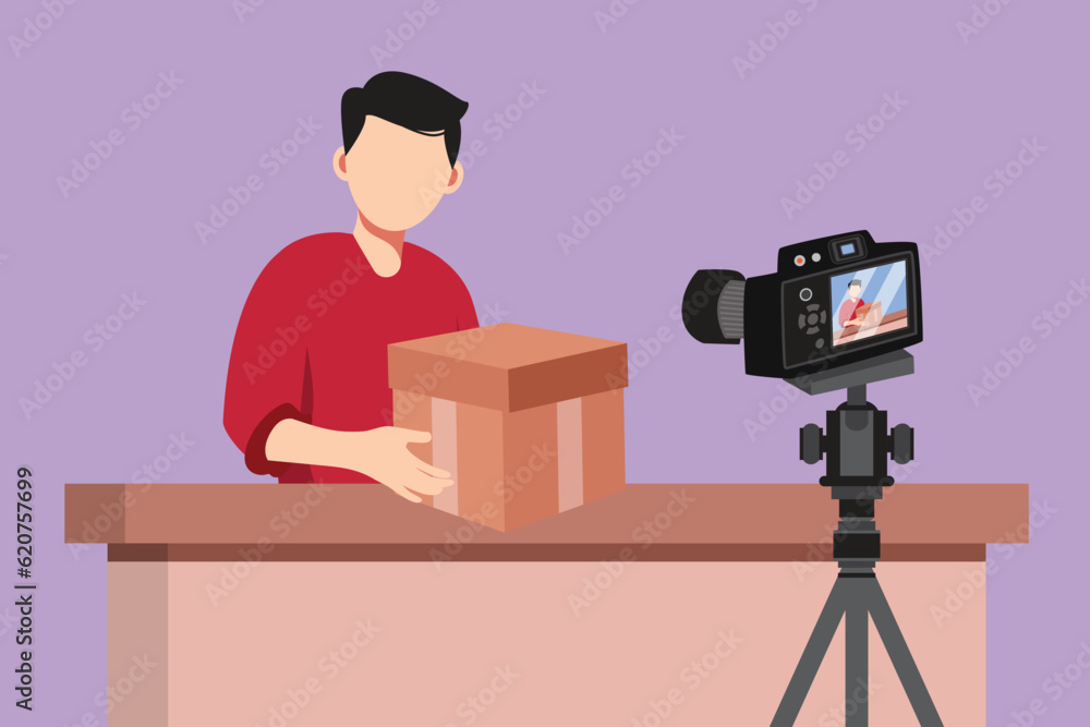 Cartoon flat style drawing young male vlogger unbox and review product ...
