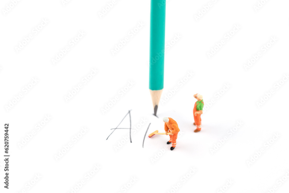 Miniature creative pencil writing AI artificial intelligence Stock ...