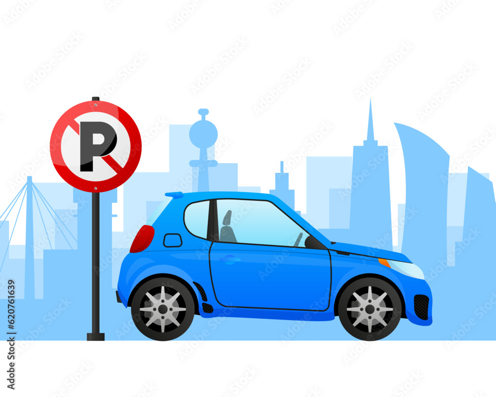 Blue Car Parked In A Restricted Parking Zone No Parking Road Sign No blue-car-parked-in-a-restricted-parking-zone-no-parking-road-sign-no