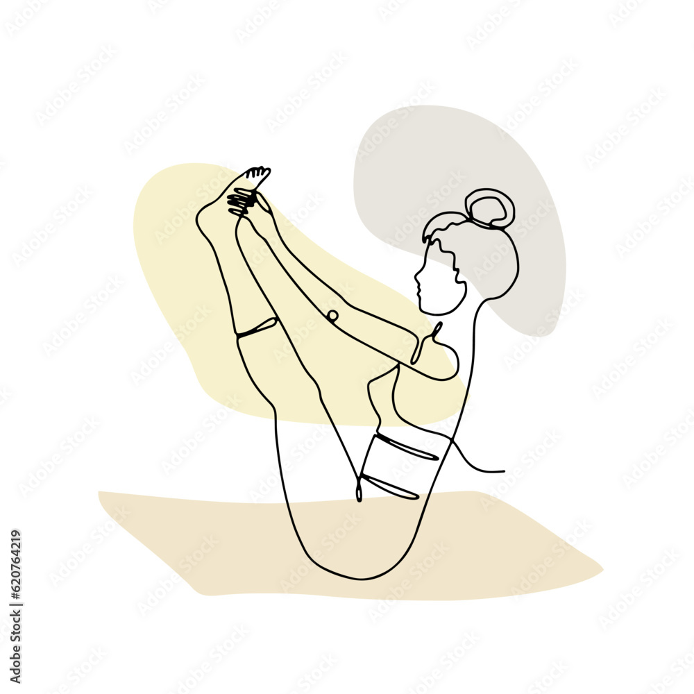 Single line drawing of a girl in big toe hold yoga pose with abstract ...
