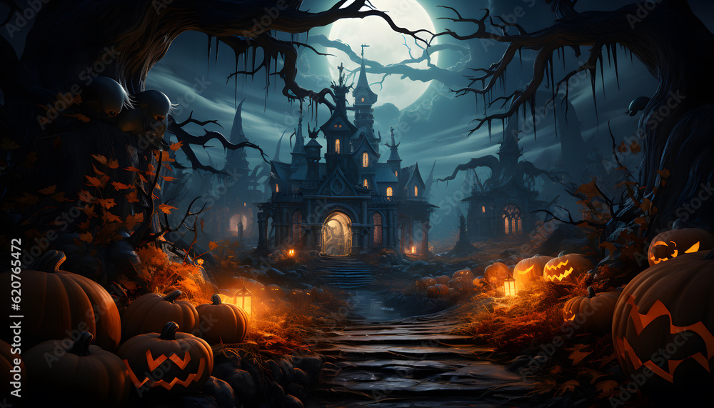 Haunted house, pumpkin patch at night by full moon light Stock Illustration | Adobe Stock