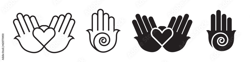 Supporting hands with heart icon set collection. Ethnic spiritual ...