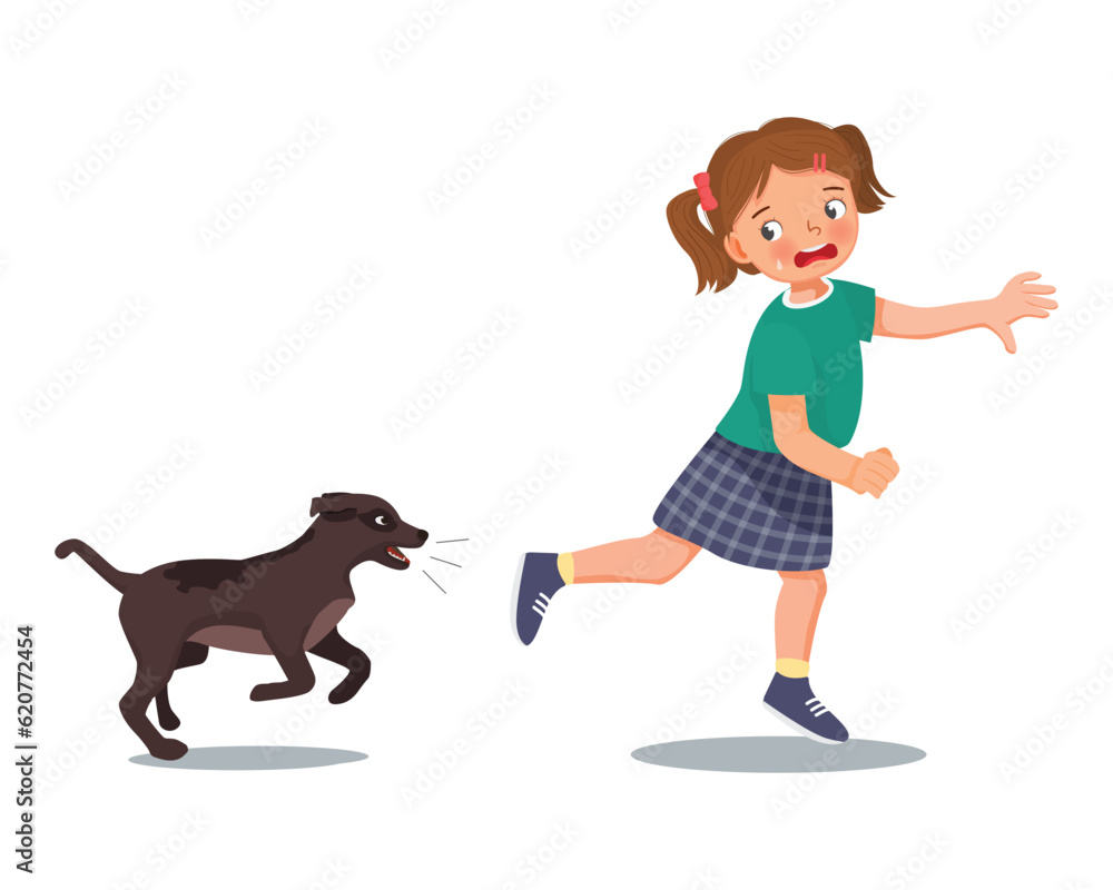 Cute little girl running scared chased by barking dog Stock Vector ...