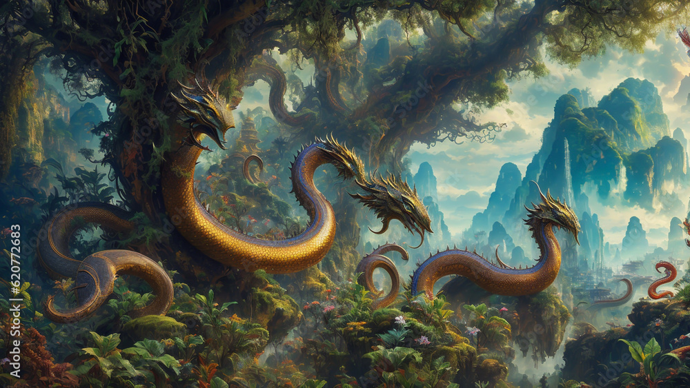Amidst the lush woods the fantasy legends serpents coil and slither ...