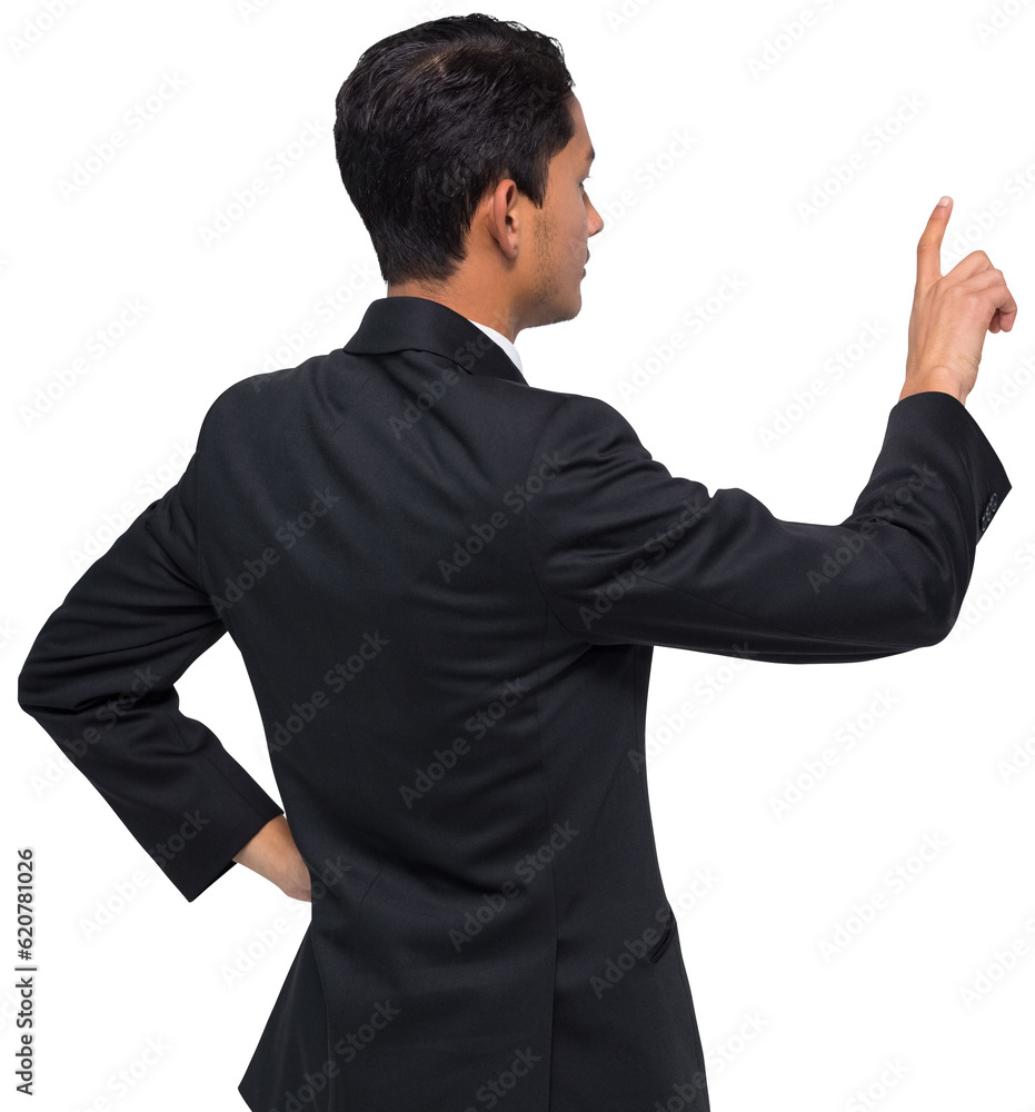 Digital png photo of back view of asian businessman showing index ...