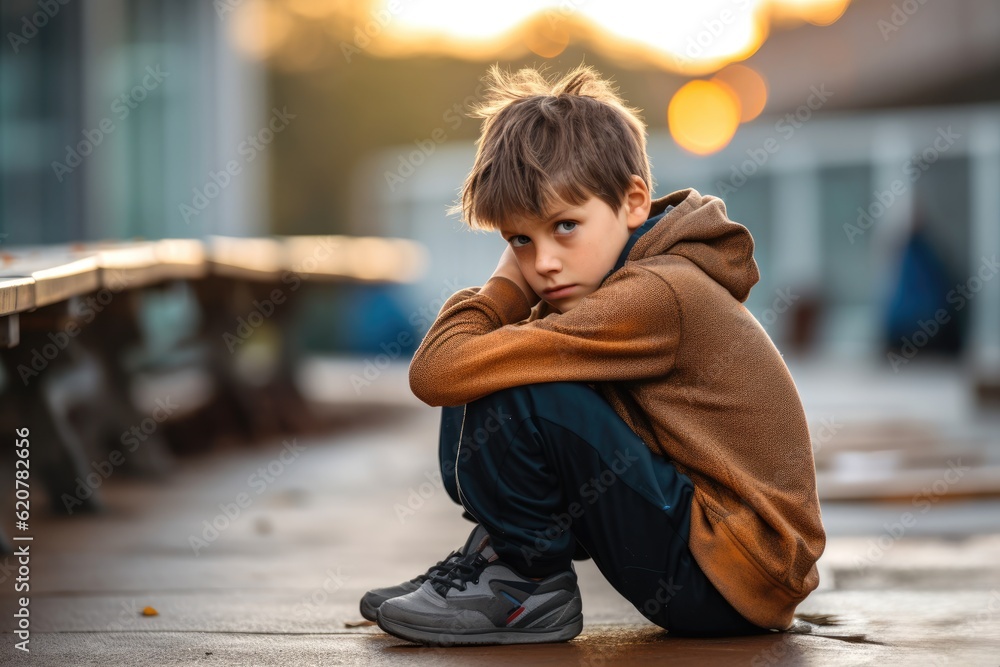 Side view of a sad Crestfallen Crying child boy sitting on the floor at ...