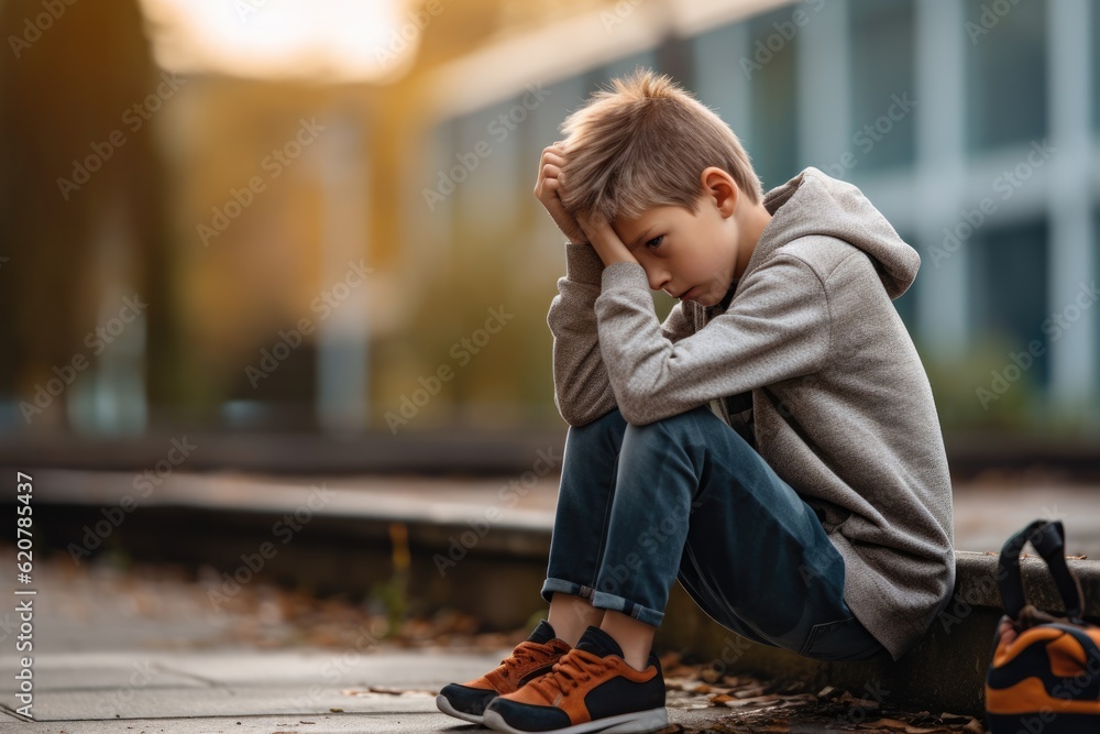 Side view of a sad Crestfallen Crying child boy sitting on the floor at ...
