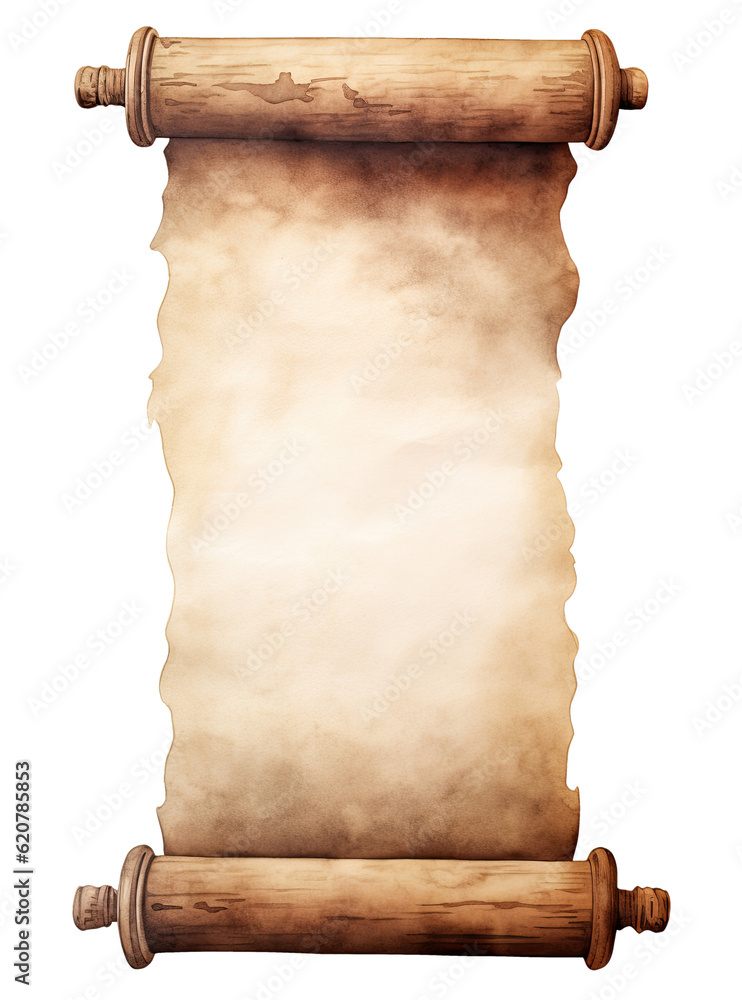 Watercolor illustration of blank vintage scroll isolated on transparent ...