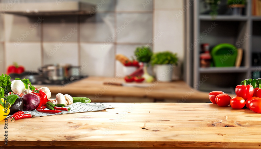 Empty wooden table with fresh vegetables and spices and cook on the ...