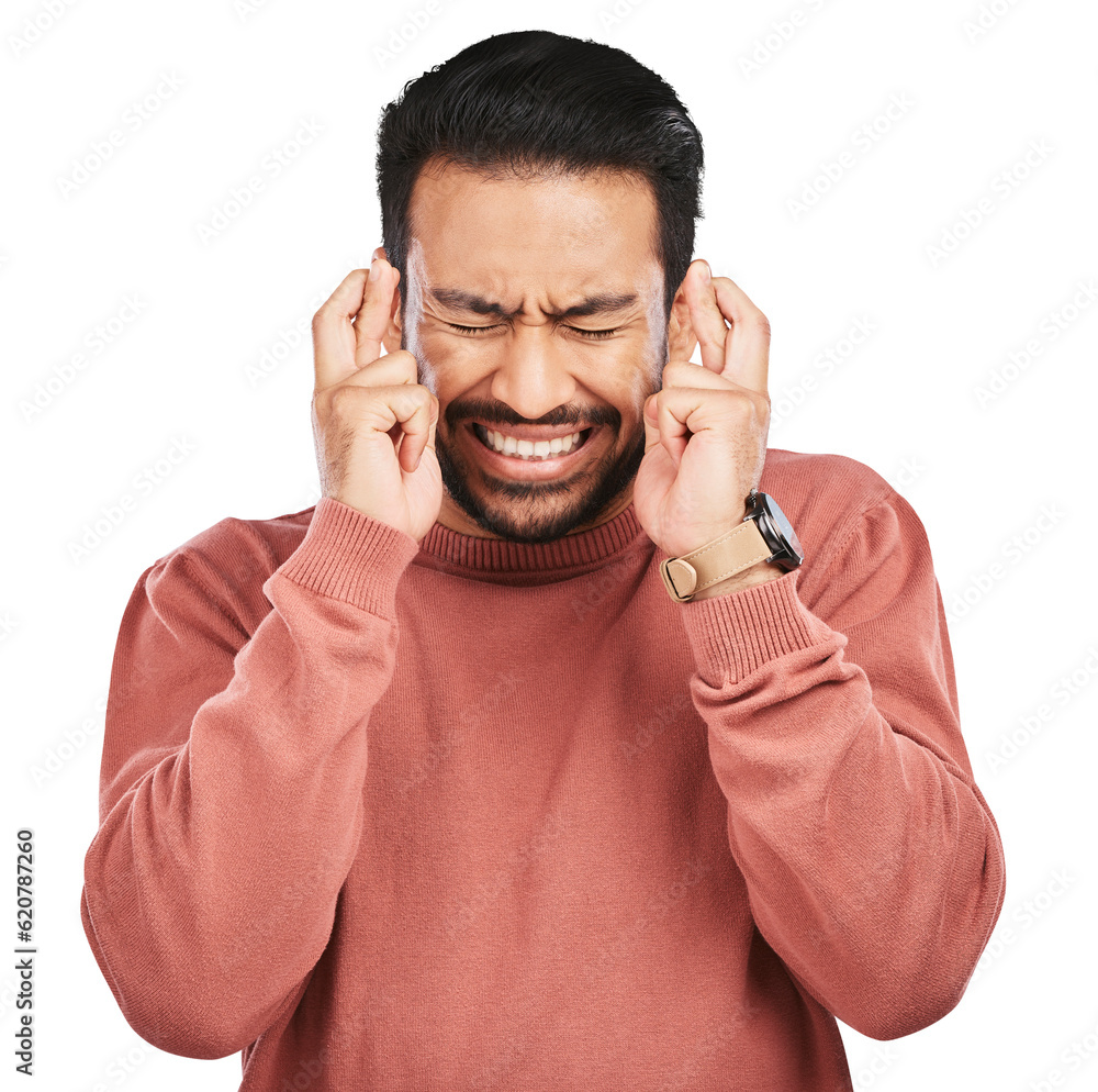 Fingers crossed, praying and man with hand gesture for good luck ...