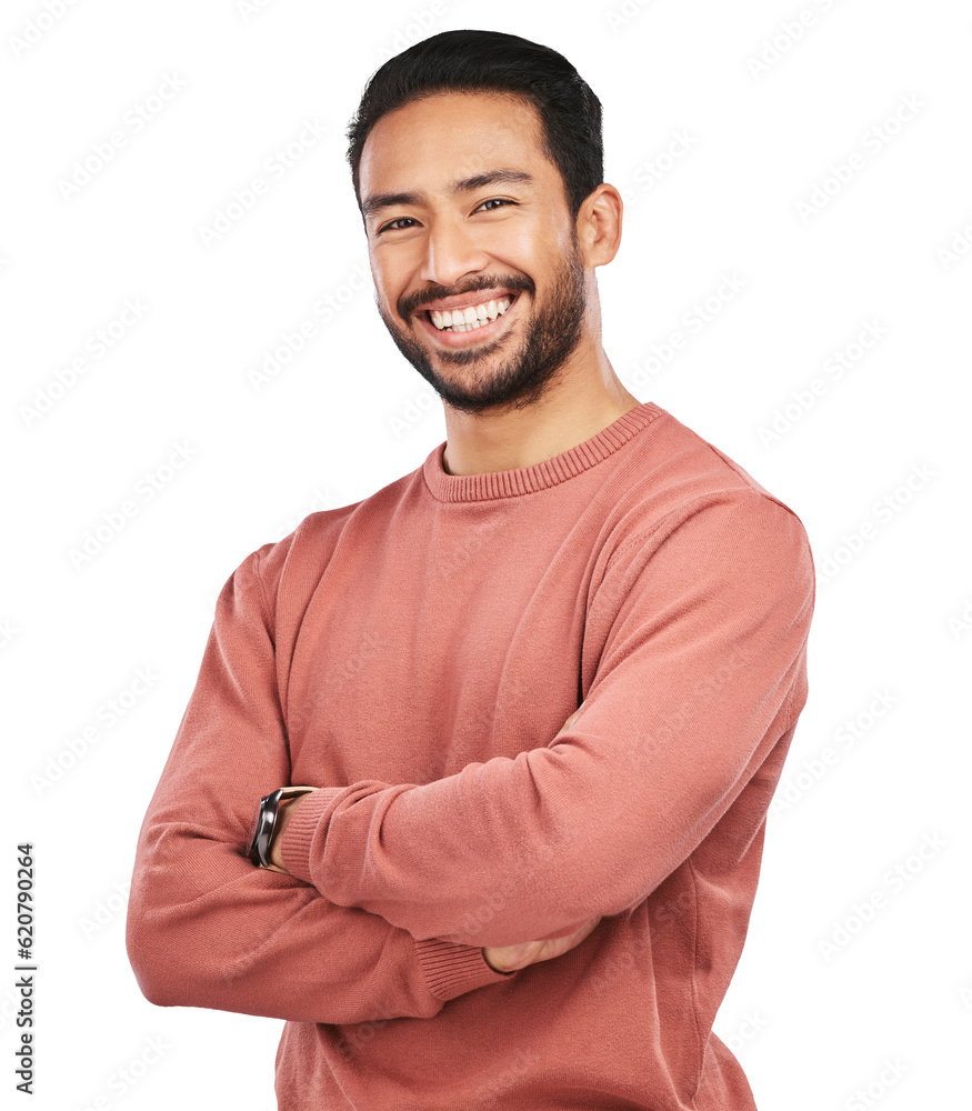 Smile, portrait of man with arms crossed and isolated on transparent ...