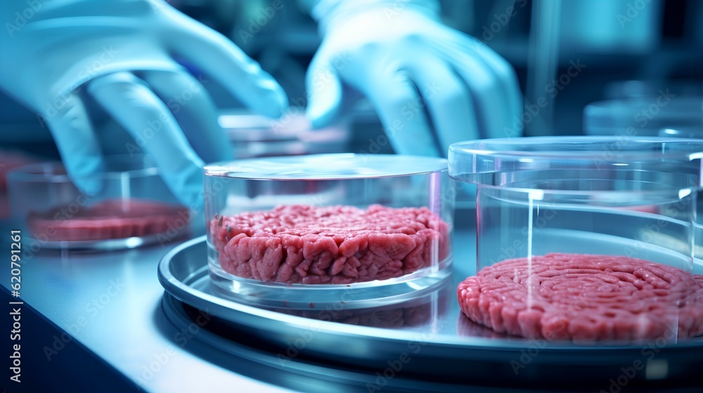 Cultured meat concept, a laboratory setting presents a petri dish ...