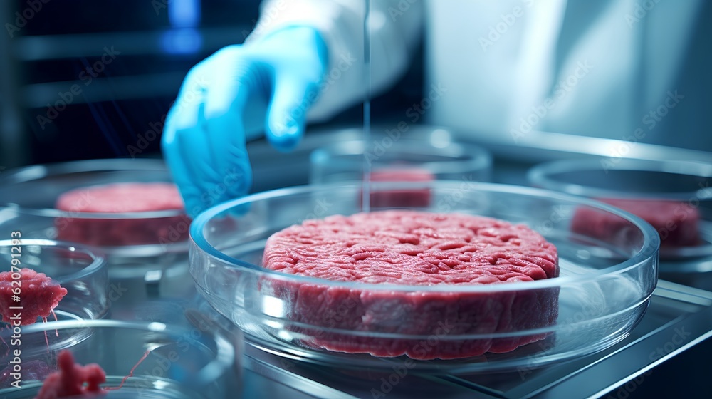 Ilustrace „Cultured meat concept, a laboratory setting presents a petri ...