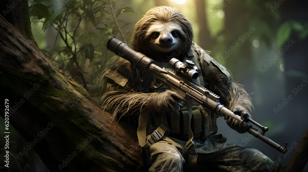 a rare commando sloth with a sniper rifle in a tree at the zoo Stock ...
