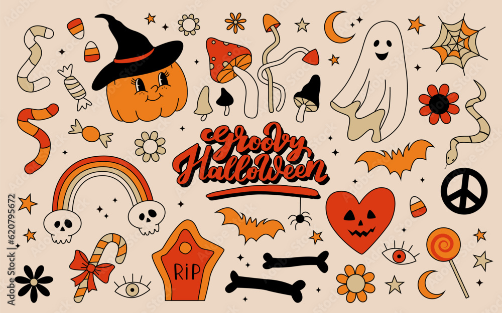 Retro 70s 60s Hippie Groovy Halloween set. Funny spooky ghost pumpkin ...
