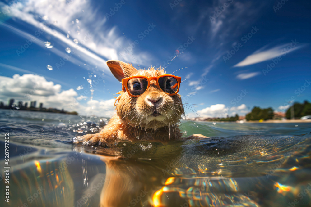 Cute Bunny Holland Lop Rabbit wearing glasses swimming the beach in ...