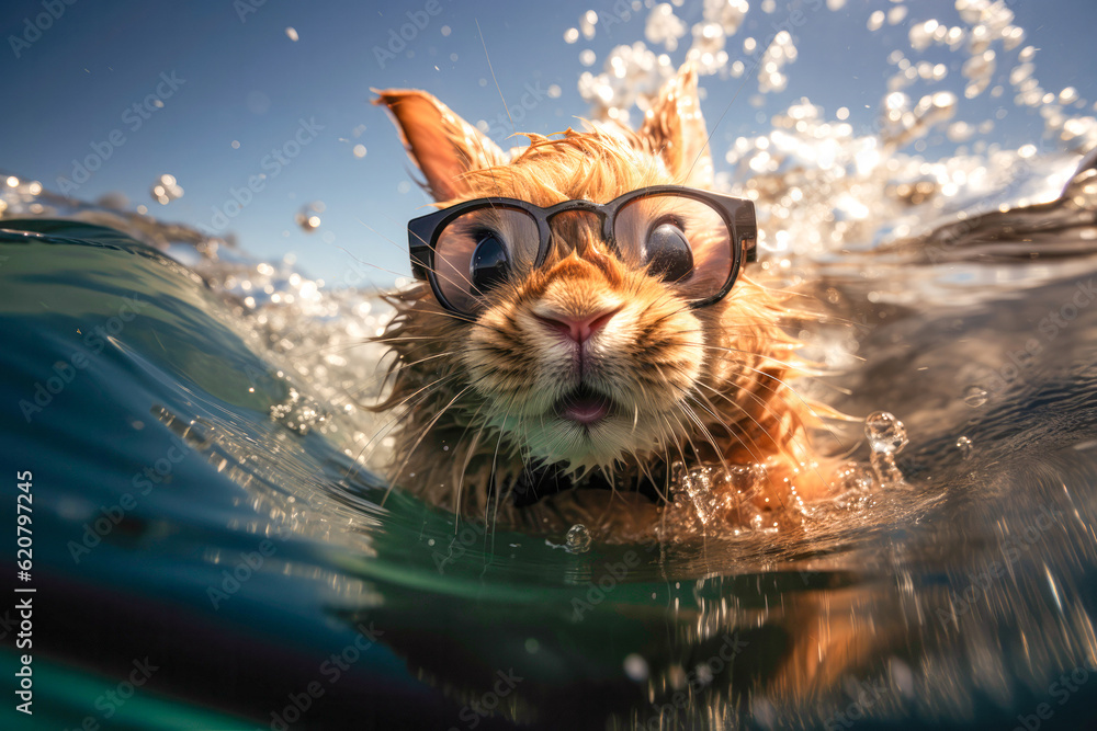 Cute Bunny Holland Lop Rabbit wearing glasses swimming the beach in ...
