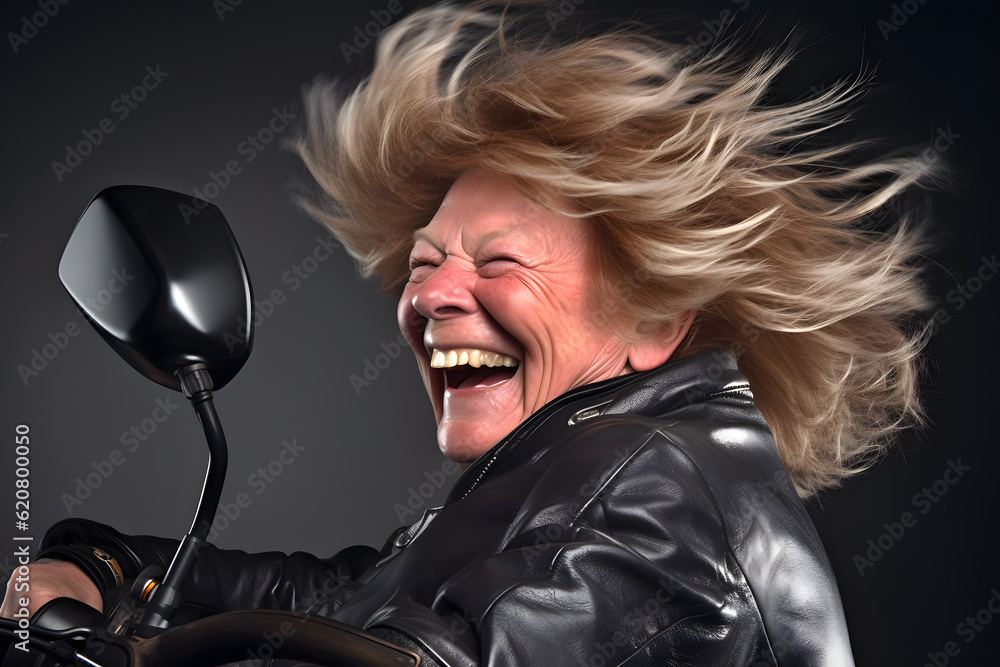 A humorous image of a senior person dressed in a leather jacket and ...