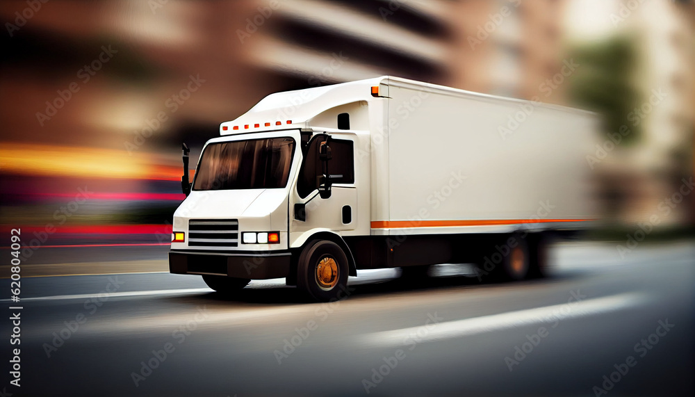truck on the road. Consumer goods fulfillment delivery truck driving on ...