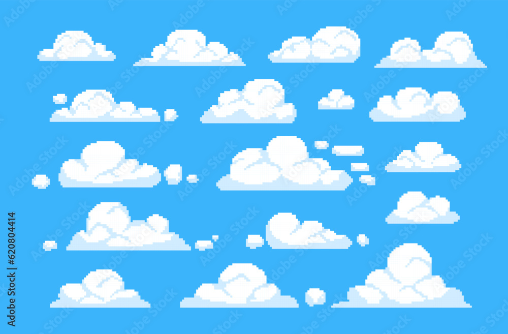 Pixel cloud. Game animation 8bit sky, digital cloudy retro scene ...