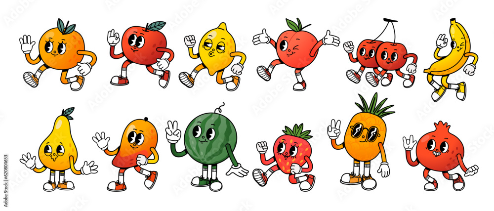 Cartoon mascot fruit. Retro fruits character with legs and hands, cute ...