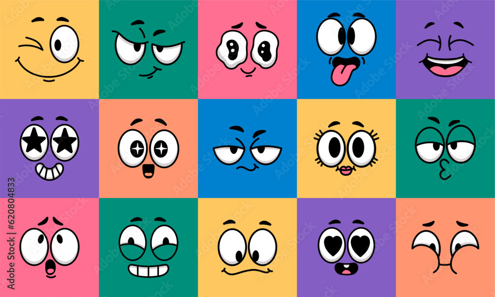 Cartoon face expression. Emotion comic face character on colors. Funny ...