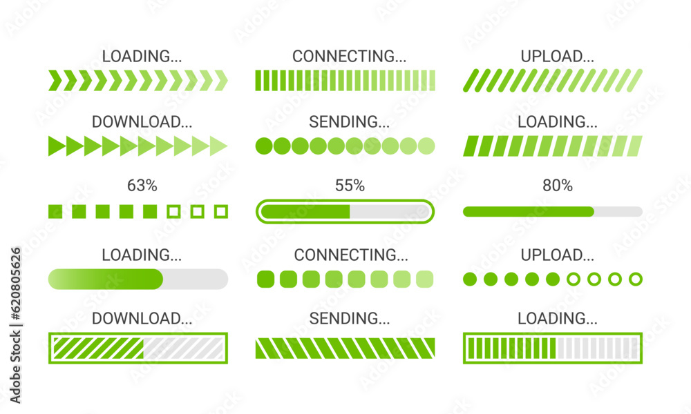Loading bar. Green download progress loader, buffer status UI elements ...