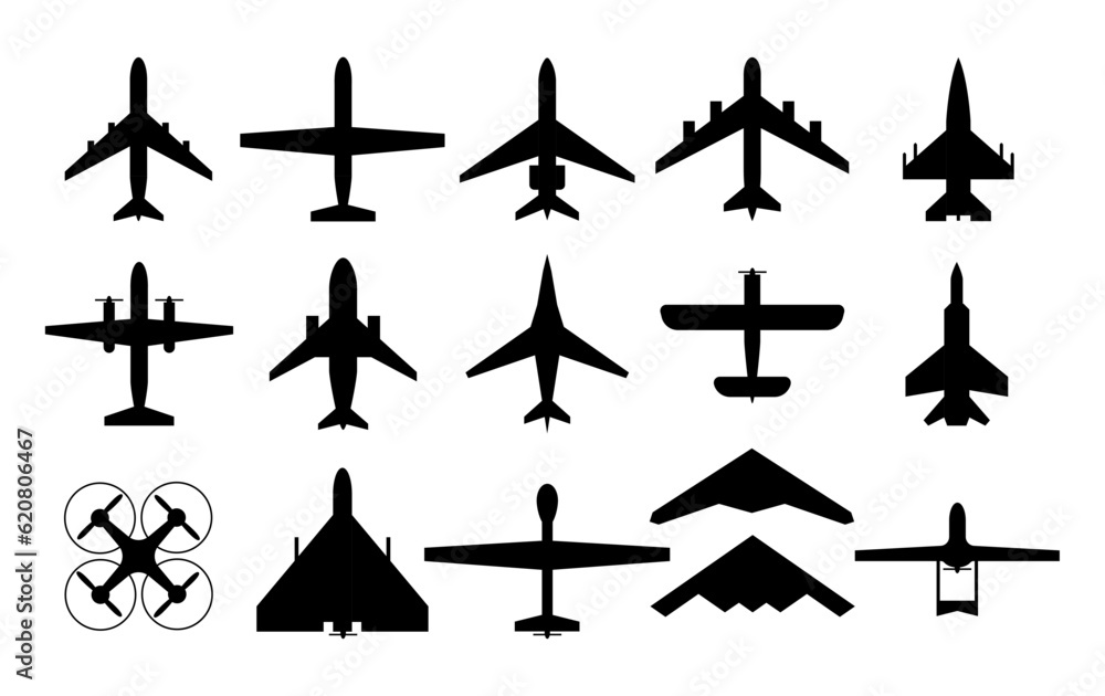Vetor de Airplane icons. Aircraft silhouettes flying jet, motor plane ...