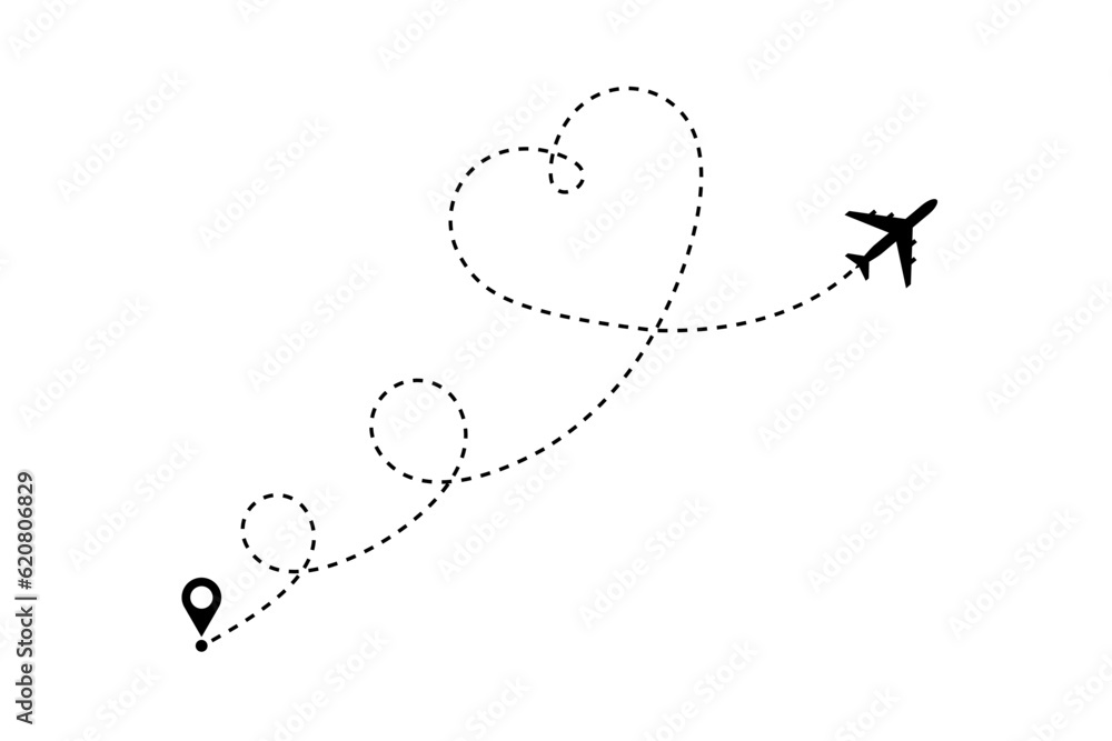 Love airplane route. Plane with heart shape dashed track, romantic ...