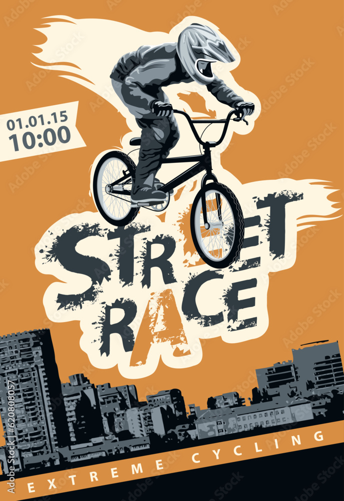 Vector banner or flyer with cyclists on the bikes and words Street race ...