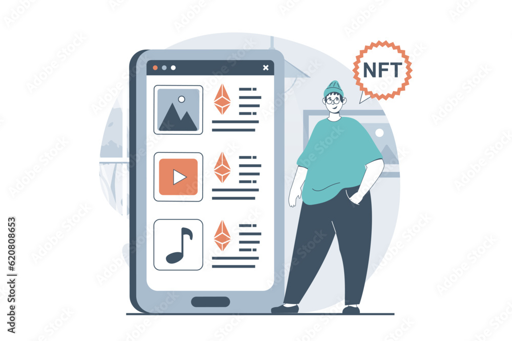 NFT token concept with people scene in flat design for web. Man ...