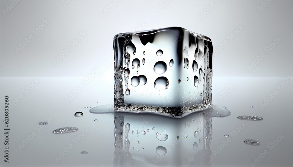Melting ice cube, with droplets of water forming on its surface, reflecting light and showcasing ...