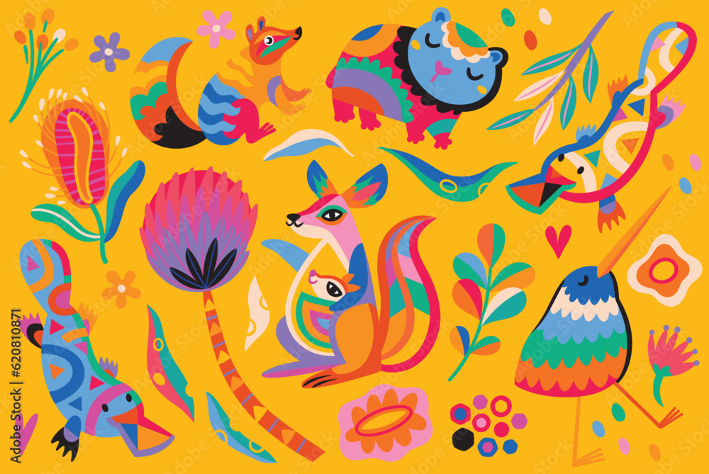 Big set of abstract Australian animals, flowers and leaves. Vector ...