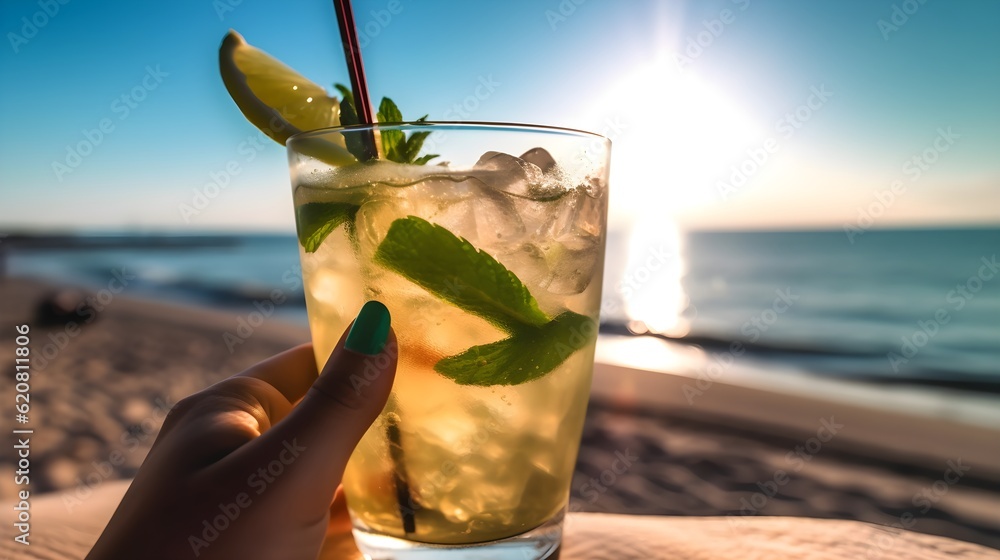 Beautiful American female hand holding Mojito Cocktail in glass ...