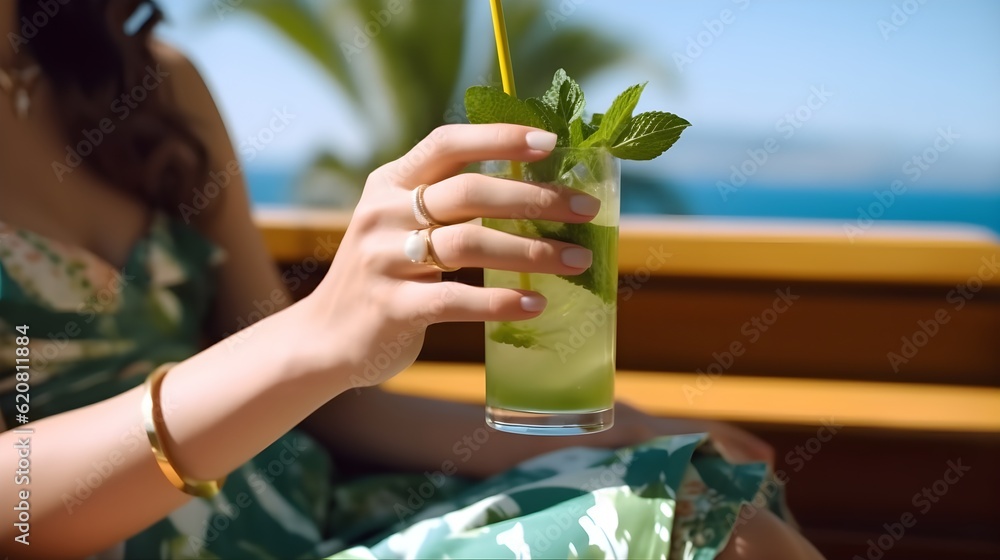 Beautiful Asian female hand holding Mojito Cocktail in glass garnished ...