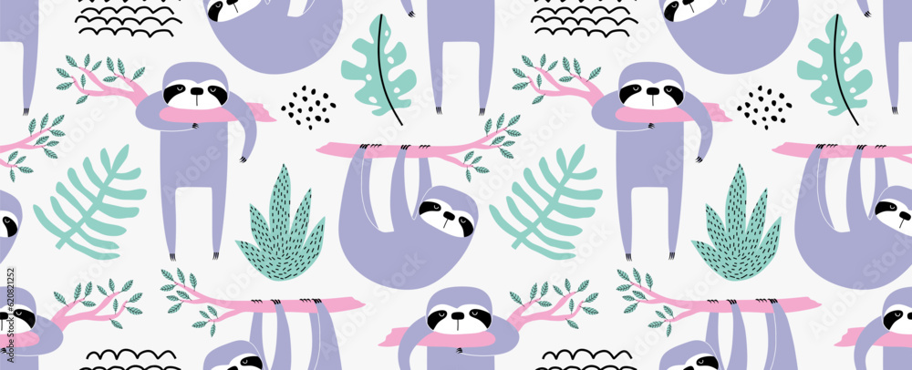Seamless pattern of sleepy sloths in the night. Hand-drawn illustration ...