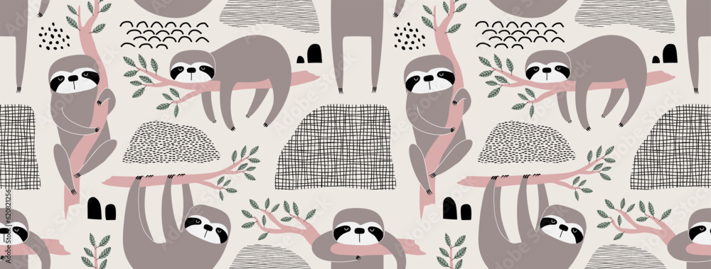 Seamless vector pattern with sleepy sloths hanging on leafy branches ...