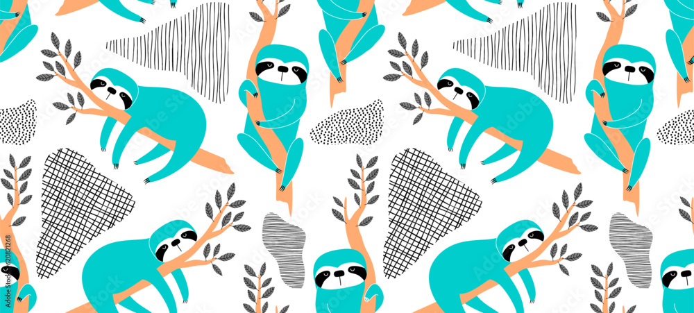 Seamless pattern of sleepy sloths in the night. Hand-drawn illustration ...