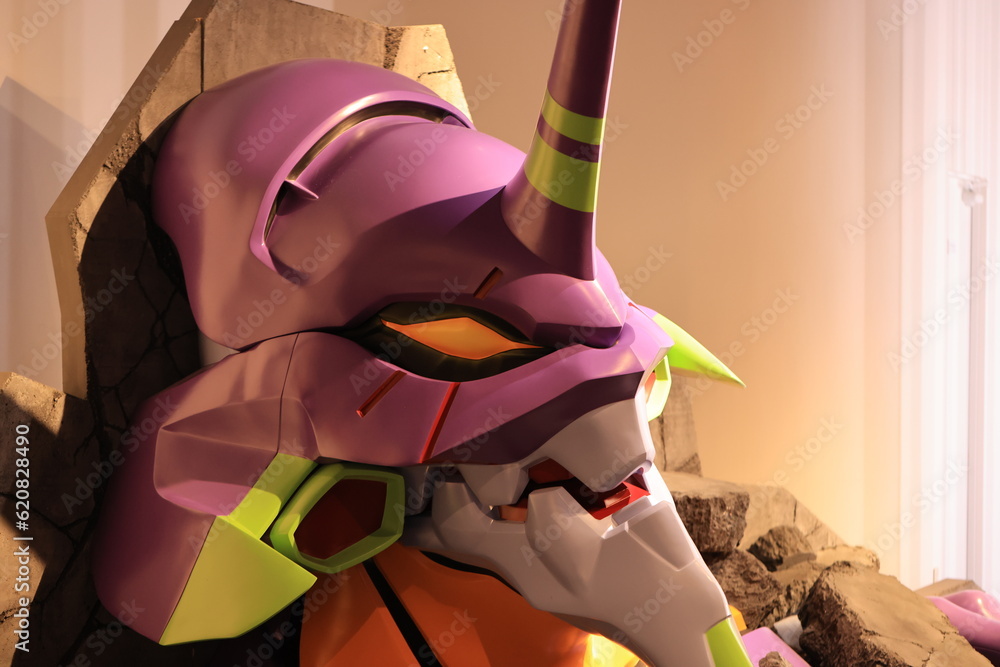 Tokyo - May 2 2023: the neon genesis evangelion display at small worlds ...