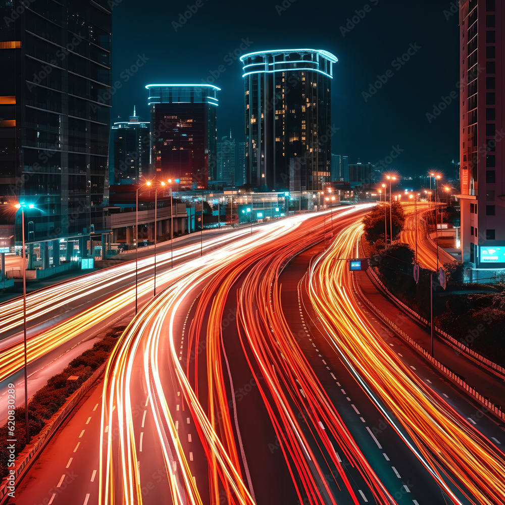 Blurred car light motion effect, city road background with long ...