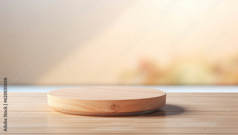 Empty beautiful round wood table top counter on interior in clean and ...