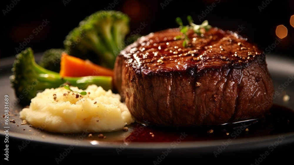 Filet Mignon cooked to medium-rare with a side of mashed potatoes and ...