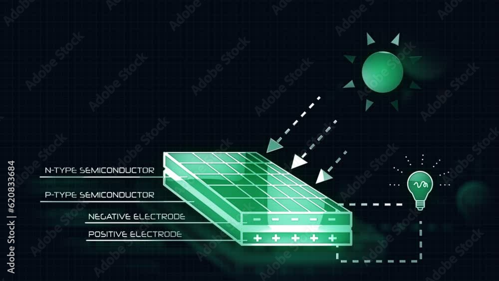 Photovoltaic effect. Scheme of converting sunlight into electricity ...