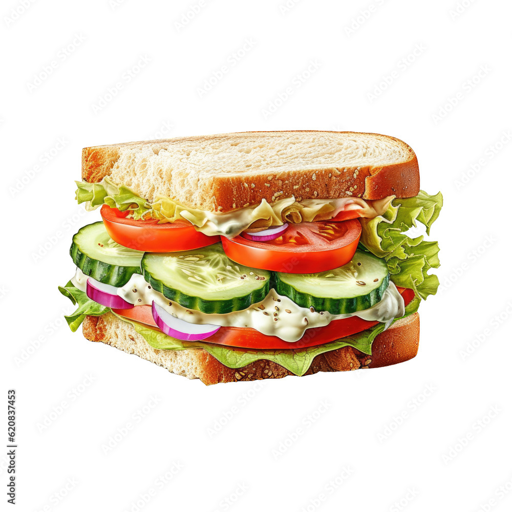 Isolated vegetable sandwich with lettuce tomato pickles and mayonnaise ...