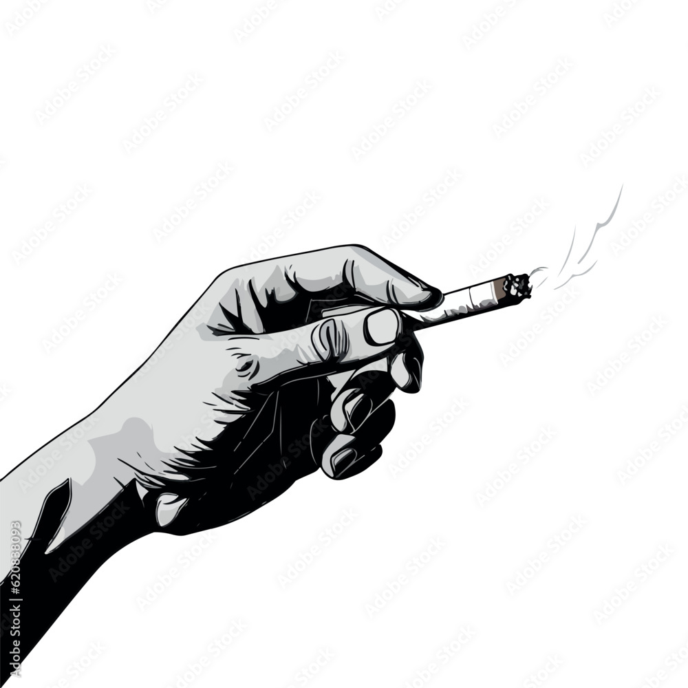 Smoker silhouette. Smoking cigarette smoke. Hand holding cigarette ...