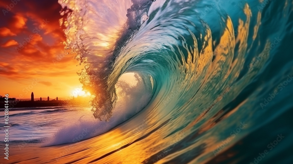Colorful vibrant Sunset Sea water ocean wave in barrel shape for ...