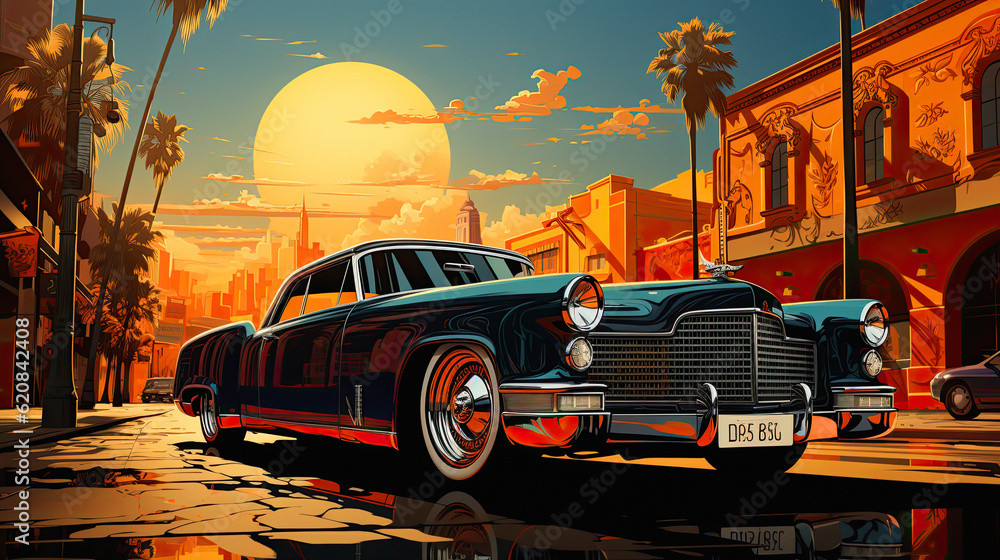 cartoon style art lowered american classic car show flyer cityscape ...