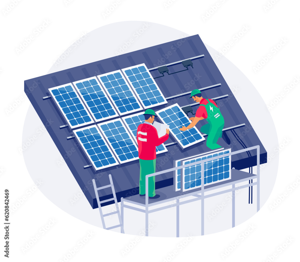 Photo & Art Print Solar panels installation on family house roof with ...