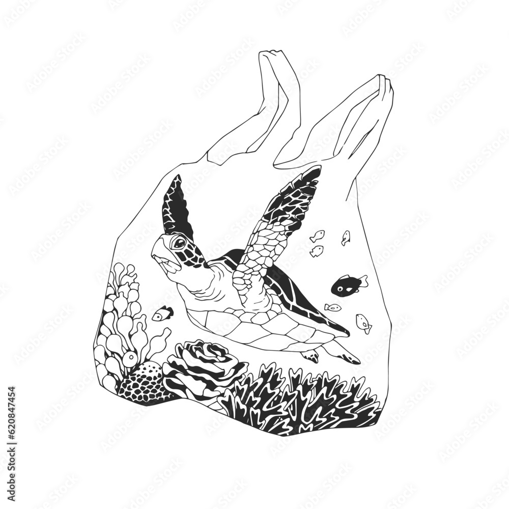 Vector hand-drawn illustration of turtle in plastic bag. Sketch with a ...